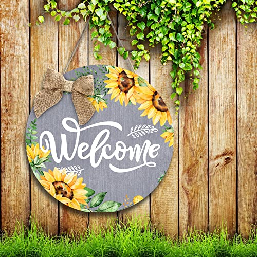Jetec 12 x 12 Inch Sunflower Welcome Door Summer Hanger Vintage Door Sign for Front Decor Gallery Decoration Farmhouse Pastoral Style Porch Round Wooden Hanging Board for Homes Restaurants Shops(Gray)