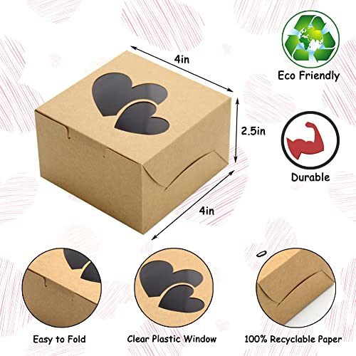 WEEPA Women's Day Bakery Boxes Cookie Boxes 25pcs Kraft Boxes Pie Boxes with Double Heart Window Wedding Gift Packaging Boxes Baby Shower Favor Box for Mini Cakes Pastries Candy Treat 4x4x2.5”