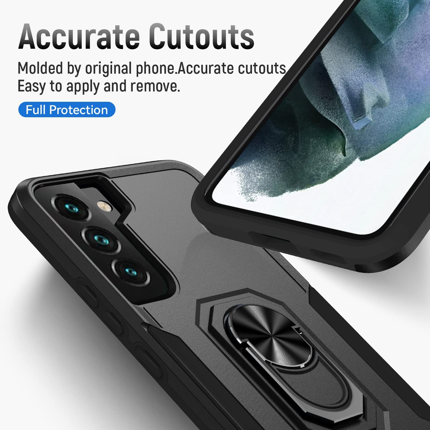 Janmitta Compatible with Samsung Galaxy S22 Case with Screen Protector[Not for S22+],Heavy Duty Shockproof Full Body Phone Cover,Built in Finger Ring Stable Kickstand,2022 Black Matte