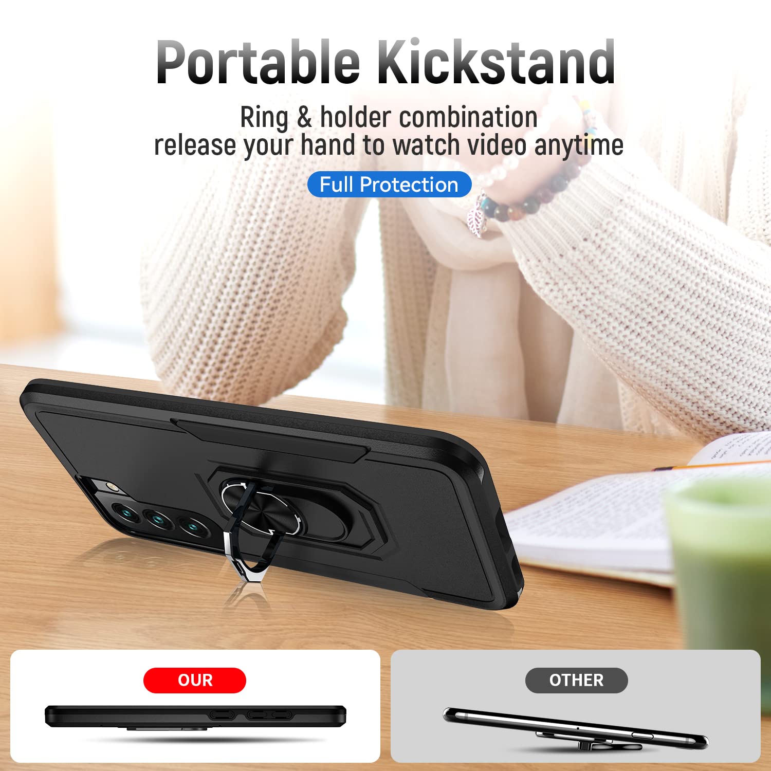 Janmitta Compatible with Samsung Galaxy S22 Case with Screen Protector[Not for S22+],Heavy Duty Shockproof Full Body Phone Cover,Built in Finger Ring Stable Kickstand,2022 Black Matte