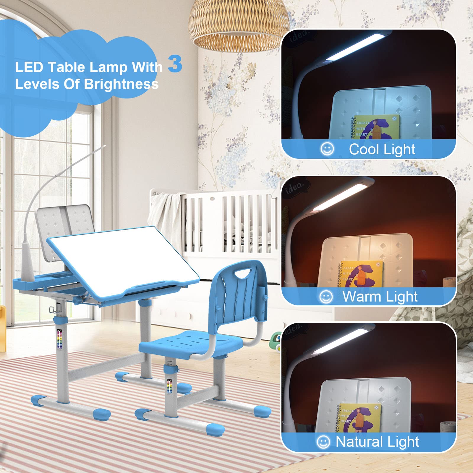 BELANITAS Kids Desk and Chair Set 10-12 Years Old Height Adjustable School Desk,Ergonomic Student Table for Kids with Tilt-able Desktop,Kids Study Desk for Go Back School Gift Blue
