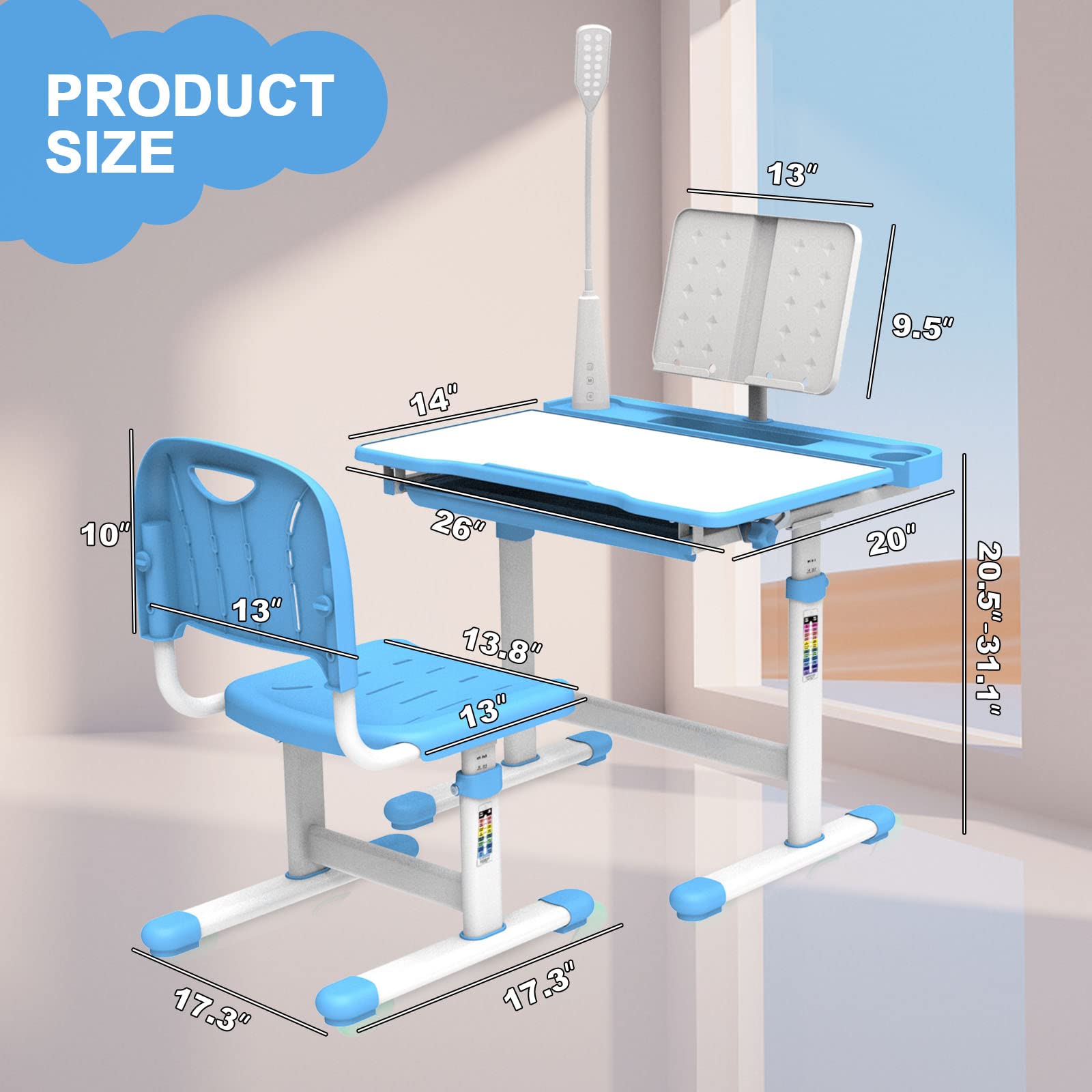 BELANITAS Kids Desk and Chair Set 10-12 Years Old Height Adjustable School Desk,Ergonomic Student Table for Kids with Tilt-able Desktop,Kids Study Desk for Go Back School Gift Blue