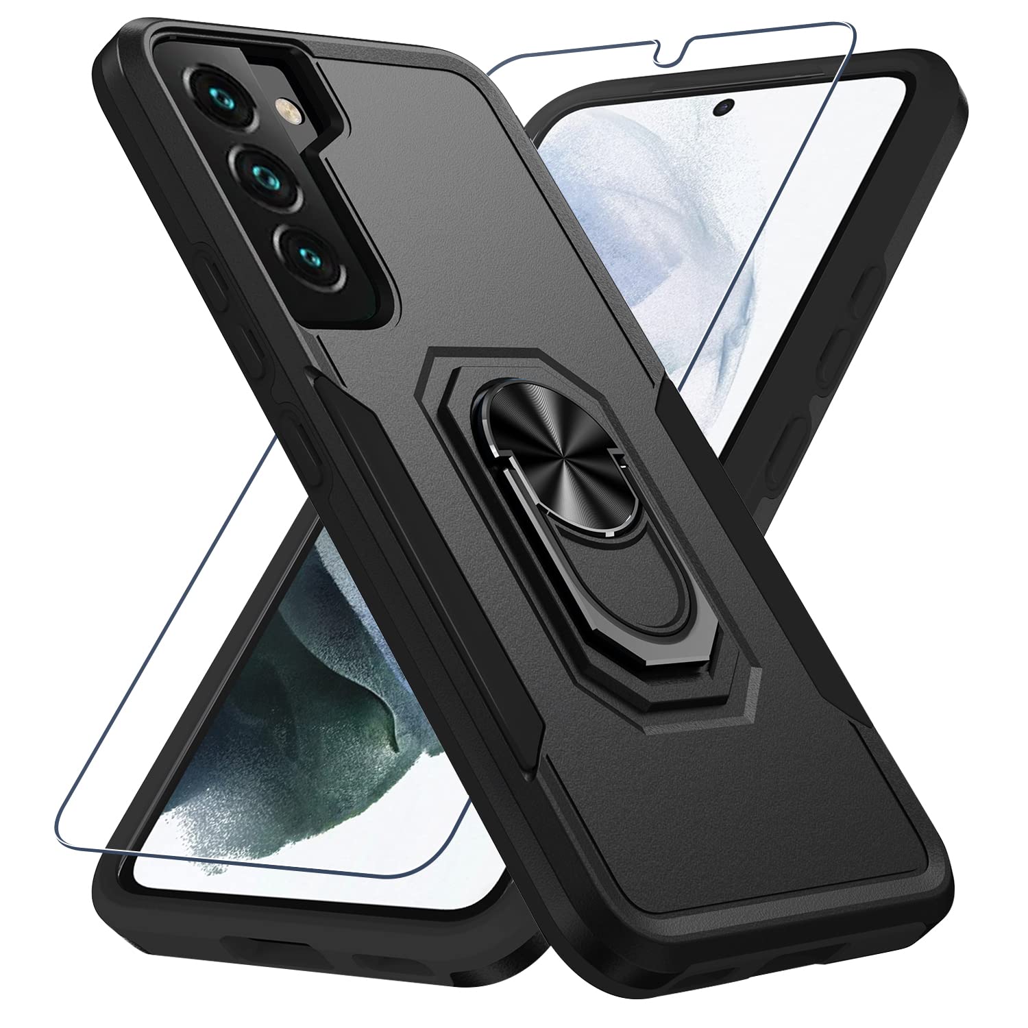 Janmitta Compatible with Samsung Galaxy S22 Case with Screen Protector[Not for S22+],Heavy Duty Shockproof Full Body Phone Cover,Built in Finger Ring Stable Kickstand,2022 Black Matte