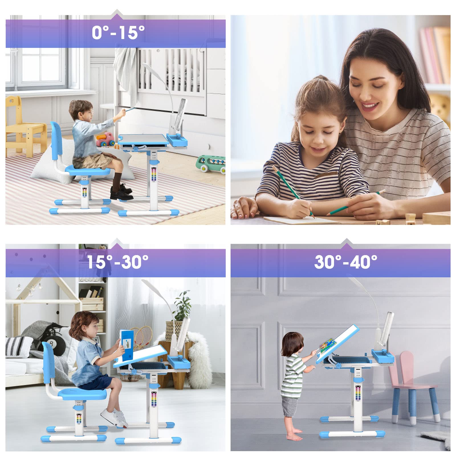 BELANITAS Kids Desk and Chair Set 10-12 Years Old Height Adjustable School Desk,Ergonomic Student Table for Kids with Tilt-able Desktop,Kids Study Desk for Go Back School Gift Blue