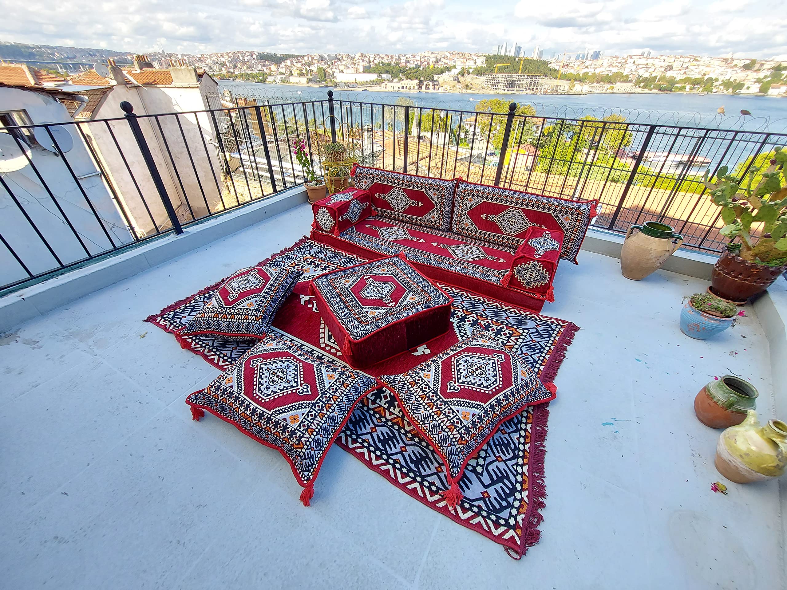 Maroon Arabic Floor Sofa Seating Set, Floor Cushions, Traditional Floor Couches, Ottoman Couch, Loveseats, Arabic Majlis, Sectional Sofa (Sofa Full Set)