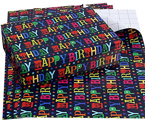 CAMKUZON Birthday Wrapping Paper with Cut Lines for Boys Girls Kids Men Women Baby Shower Party - 3 Large Sheets Rainbow Colored Happy Birthday Gift Wrap - 27 Inch X 39.4 Inch Per Sheet