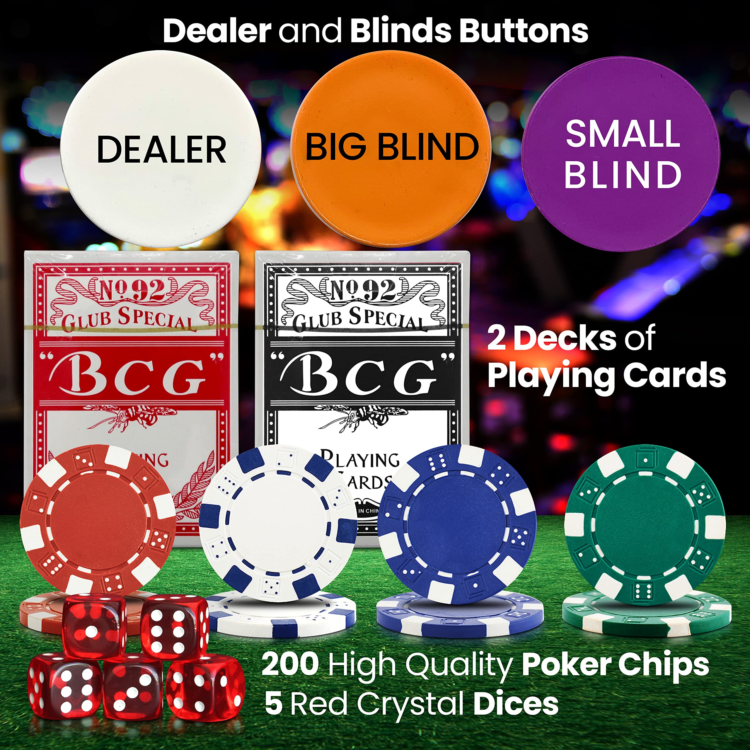 SereneLife Poker Chip Set for Texas Holdem, Blackjack Gambling- 11.5 Gram Casino Chips Set w/Aluminum Case, Playing Cards, Button, Dice- 200 PCS (Grey)
