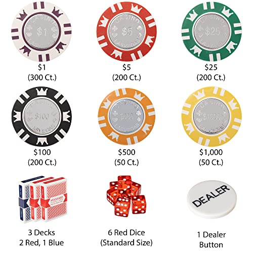 Coin Inlay Poker Chip Set Aluminum Carry Case - Casino 15-Gram Quality Poker Chips with Silver Metal Inserts, Dice, Playing Cards - Heavy-Duty Protection - Locking Portable Case (1000 ct. Rolling)