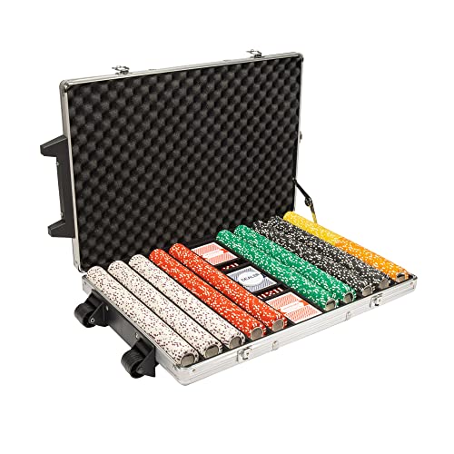 Coin Inlay Poker Chip Set Aluminum Carry Case - Casino 15-Gram Quality Poker Chips with Silver Metal Inserts, Dice, Playing Cards - Heavy-Duty Protection - Locking Portable Case (1000 ct. Rolling)