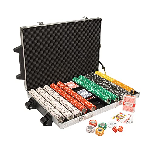 Coin Inlay Poker Chip Set Aluminum Carry Case - Casino 15-Gram Quality Poker Chips with Silver Metal Inserts, Dice, Playing Cards - Heavy-Duty Protection - Locking Portable Case (1000 ct. Rolling)