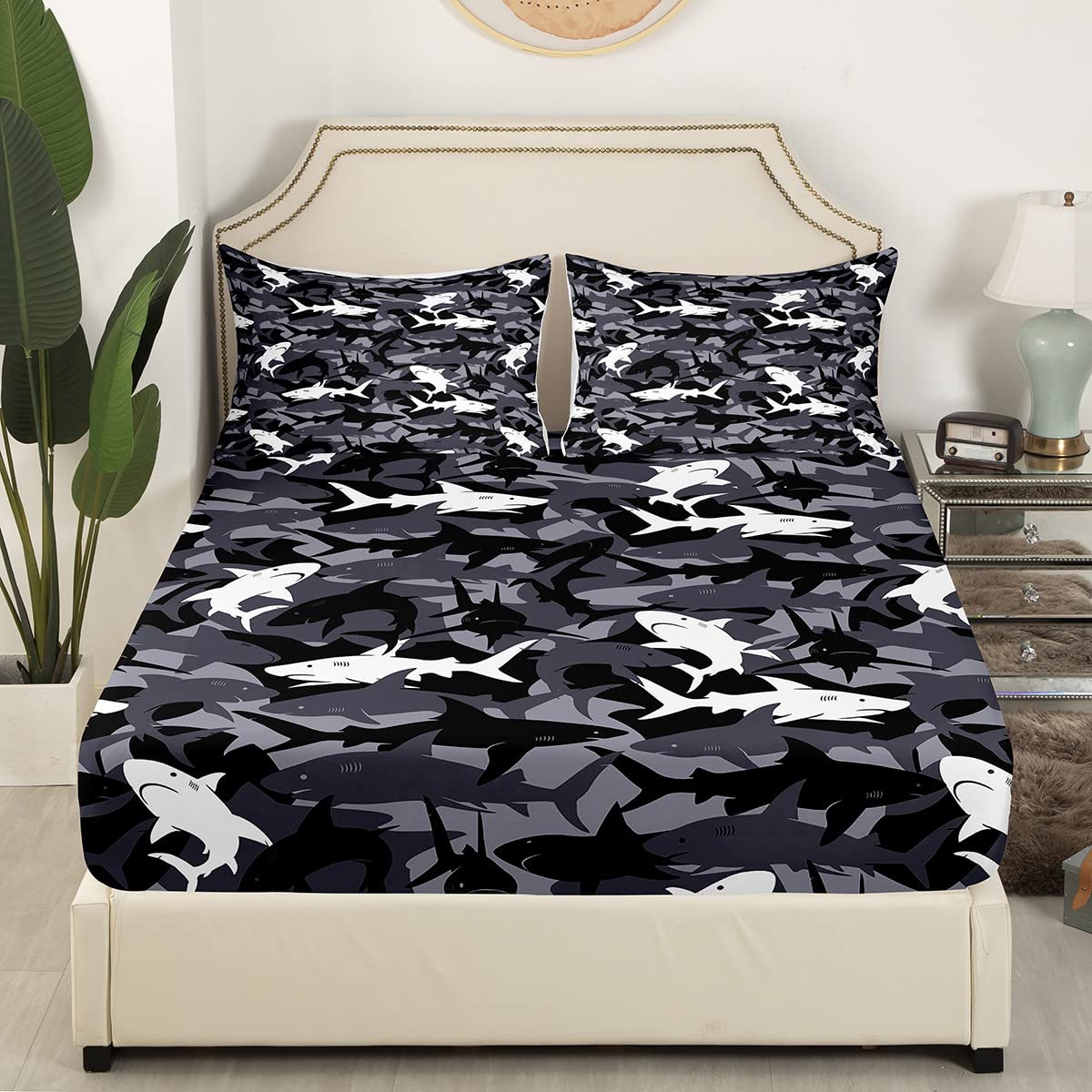 Erosebridal Camo Sharks Fitted Sheet Set Twin Black White Grey Camouflage Ocean Animal Bedding Sets for Kids Boys Teen Cool Shark Bed Sheets,Soft Microfiber Cool Wildlife Top Flat Sheet 1 Pillow Case
