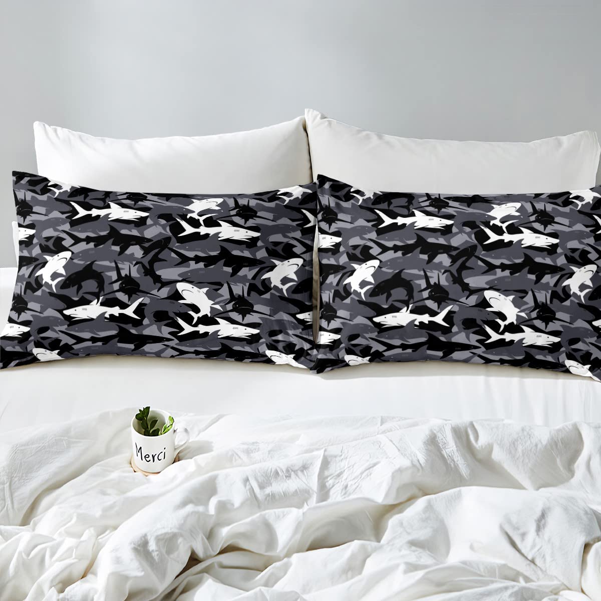Erosebridal Camo Sharks Fitted Sheet Set Twin Black White Grey Camouflage Ocean Animal Bedding Sets for Kids Boys Teen Cool Shark Bed Sheets,Soft Microfiber Cool Wildlife Top Flat Sheet 1 Pillow Case