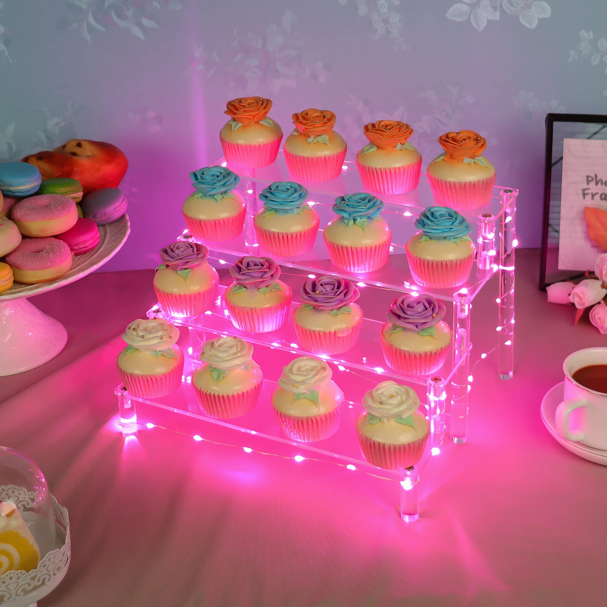 YestBuy 4 Tier Shelf Cake Pop Stand (Pink) +5 Tier Premium Cupcake Holder – Acrylic Cupcake Tower Display – Cady Bar Party Décor – Acrylic Display for Pastry Weddings, Birthday (Colorful)