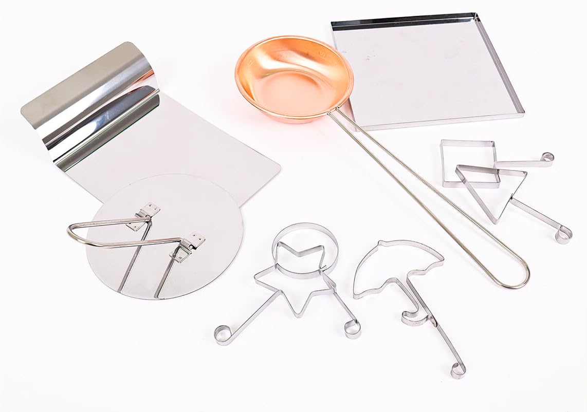 Korean Candy Making Kit - Complete 9-Piece Dalgona Kit with Shapes, Bottom Tray, Ladle, Press Tray, Dragger - Korean Candy Making Supplies for Home - Included Baking Soda
