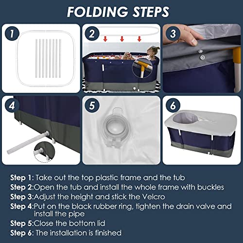 MATHOWAL Portable Bathtub, Foldable Bathtub for Adults, with Water Filling Cushion and Backrest, Suitable Hot Bath Ice (Dark Blue)