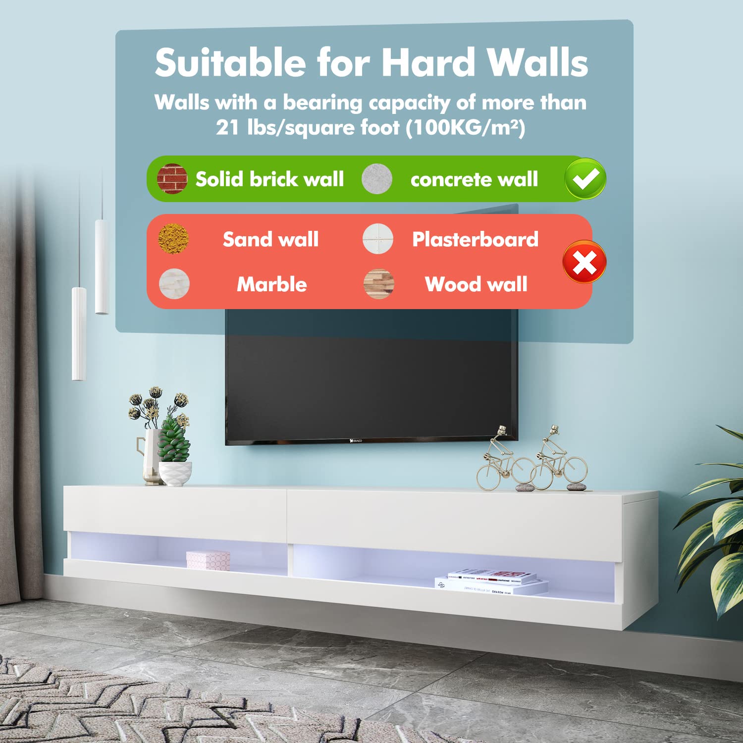 Kennkari Wall Mounted TV Stand with LED Lights - Floating Entertainment Center for 50-75 Inch TV
