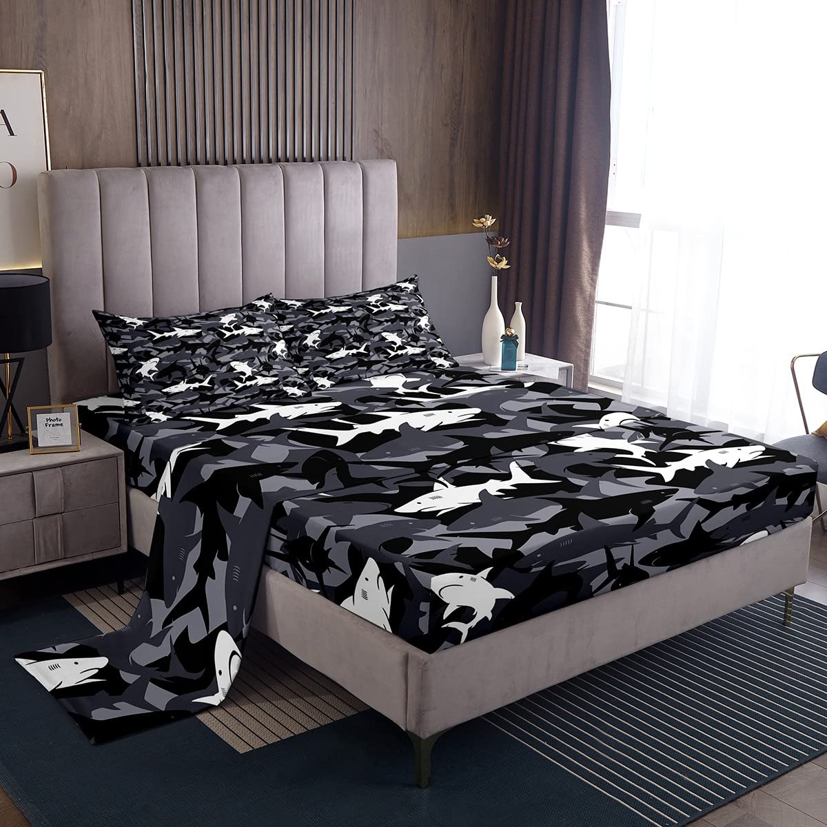 Erosebridal Camo Sharks Fitted Sheet Set Twin Black White Grey Camouflage Ocean Animal Bedding Sets for Kids Boys Teen Cool Shark Bed Sheets,Soft Microfiber Cool Wildlife Top Flat Sheet 1 Pillow Case
