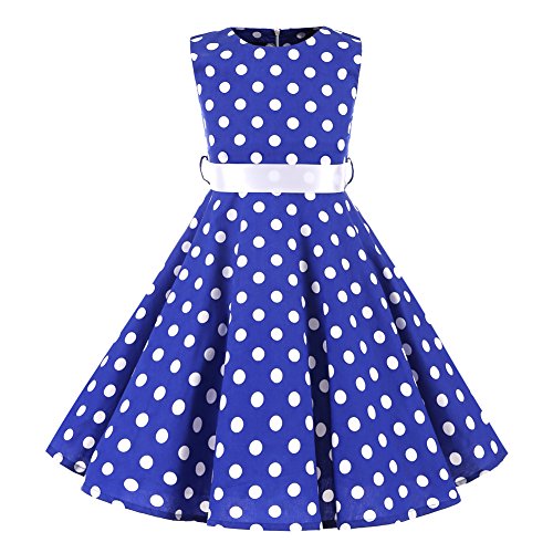 Little Girls Summer Swing Casual Clothes Blue 50s Vintage Polka Dot Dress 7-8 Years(CHD3023-M)