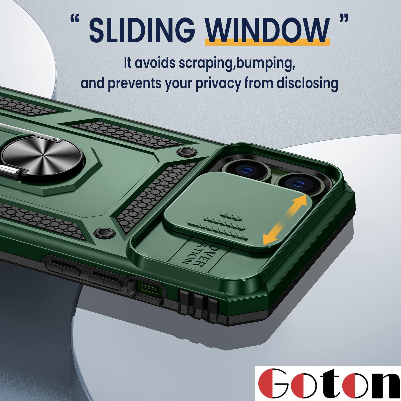 Goton for iPhone 13 Pro Max Case with Slide Camera Cover & 360° Rotate Ring Stand [Military Drop Protection] Shockproof Heavy Duty Protective, Armor Phone Case with Magnetic Car Mount Holder Green