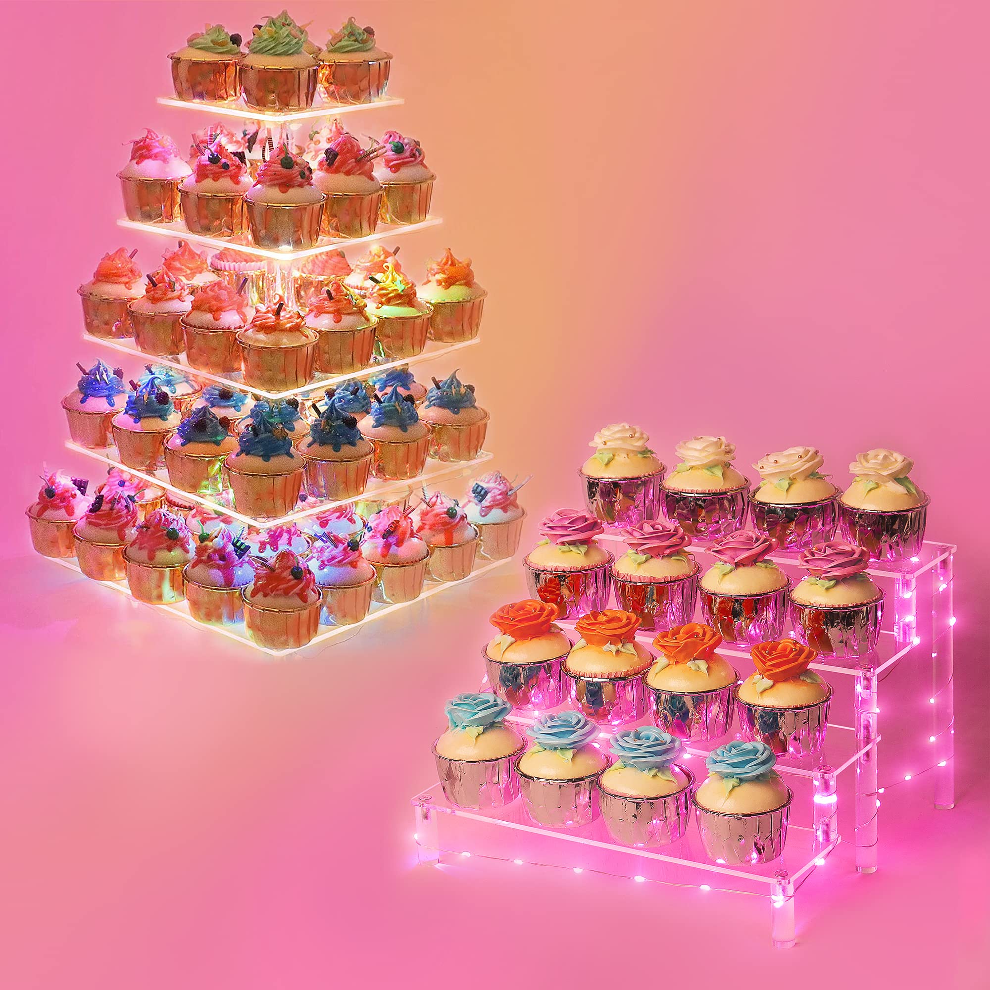 YestBuy 4 Tier Shelf Cake Pop Stand (Pink) +5 Tier Premium Cupcake Holder – Acrylic Cupcake Tower Display – Cady Bar Party Décor – Acrylic Display for Pastry Weddings, Birthday (Colorful)
