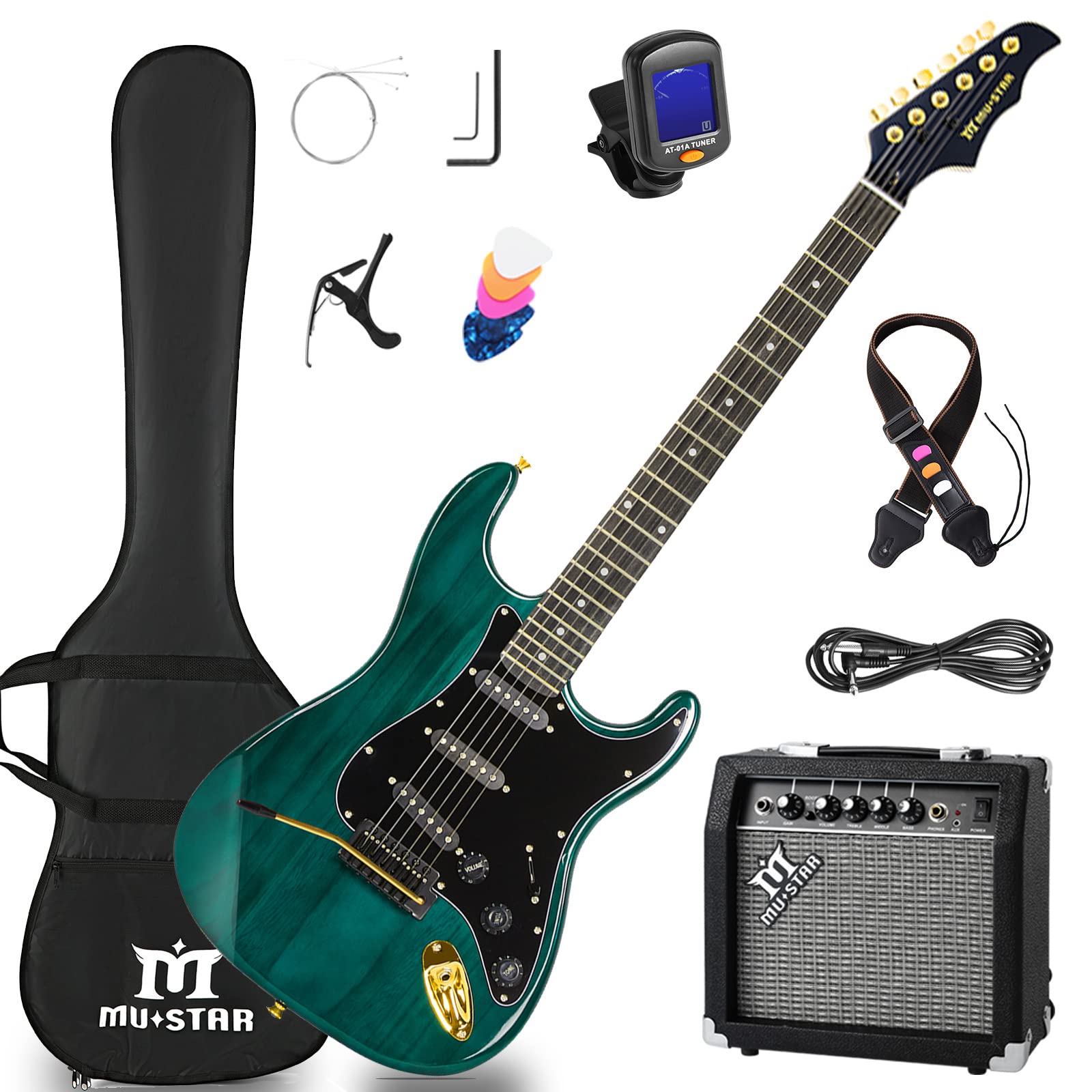 MUSTAR Electric Guitar Kit with 25W Amplifier, 39 Inch Full Size Solid Wood Electric Guitar Beginner Kits, Gig Bag, Digital Tuner, Capo, Strap, Cable, Picks, Birthday Holiday Gifts (Green, MEG-100)
