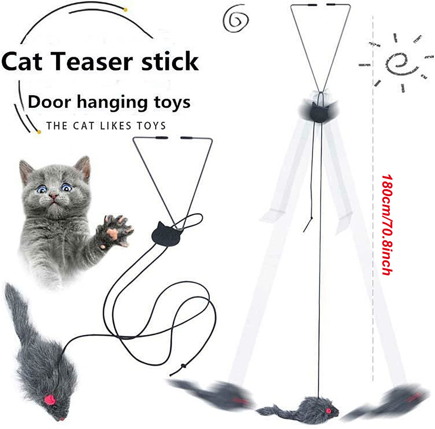 YUGYUJ Cat Toy Rope Mouse Play Supplies, Hanging Retractable Cat Catching Mouse Toy, Funny Door Hanging Bouncing Mouse Retractable Plush Mice Cat Interactive Toy (Black)