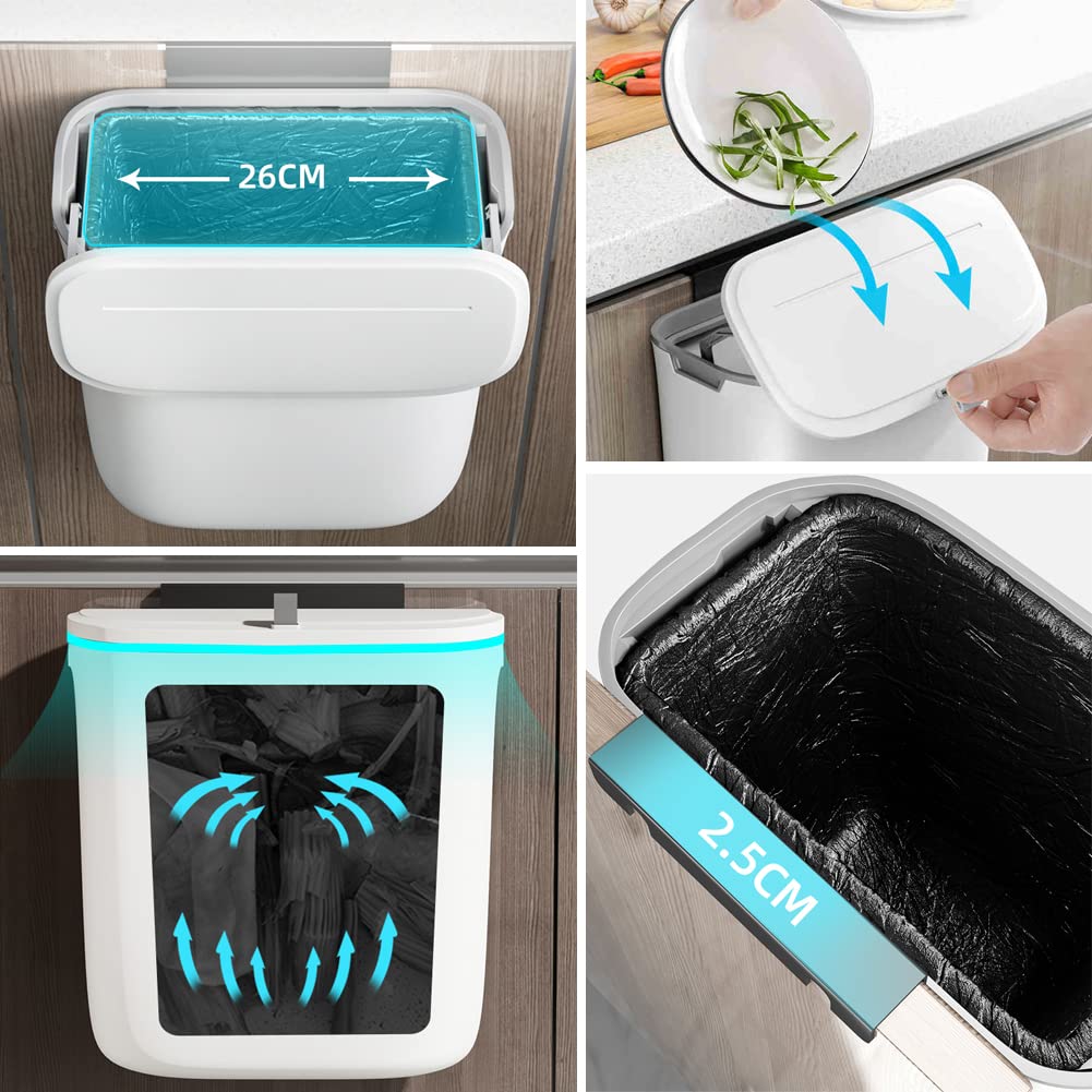 2.4 Gallon Hanging Trash Can with Lid for Kitchen Cabinet Door or Under Sink, Kitchen Wall Mounted Compost Bin, Small Garbage Can for Countertop, Bathroom