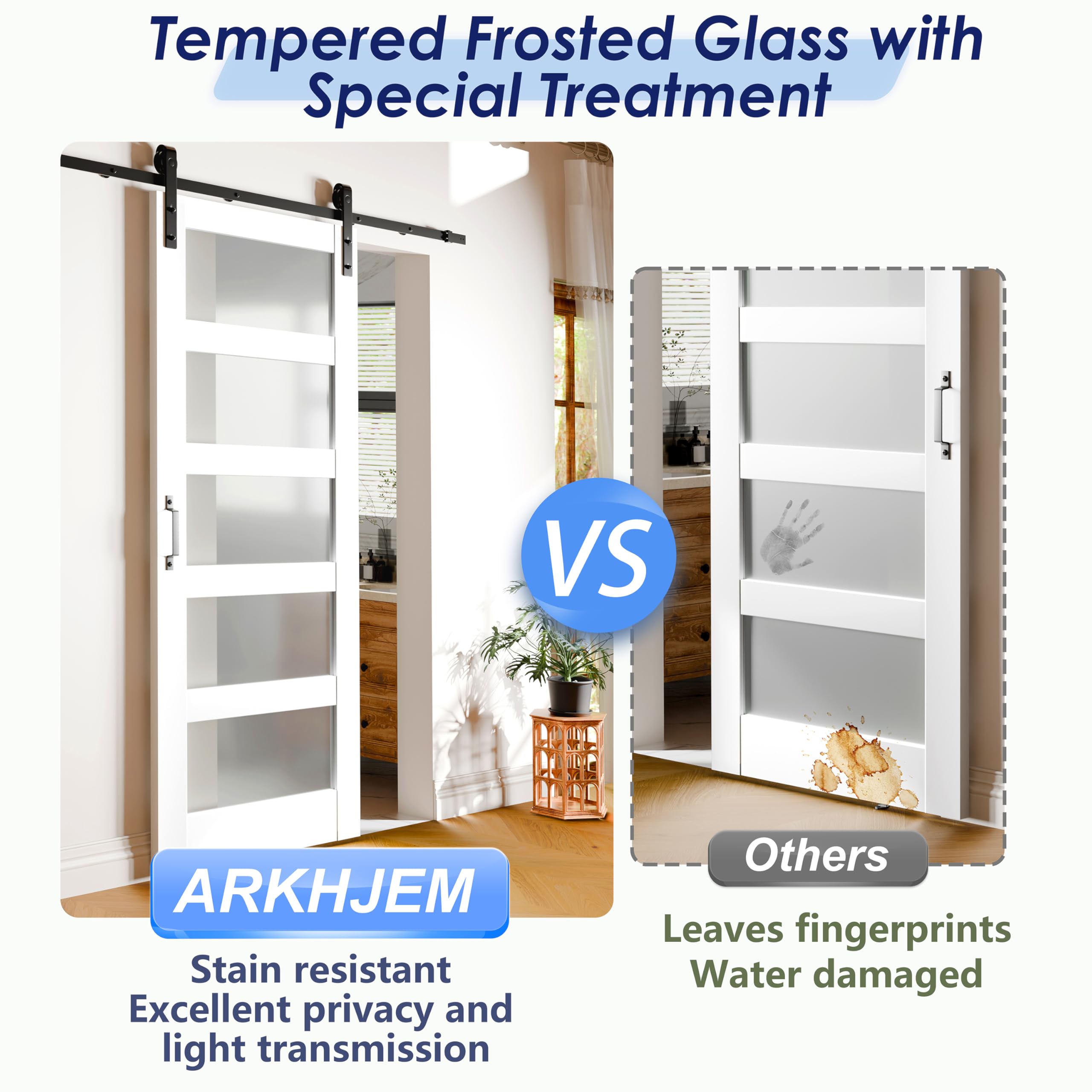 ARKHJEM Frosted 5 Panel Glass Sliding Barn Door 42''×84'' Barn Door, Hardware Kit Included, Assembly Needed, Water-Proof PVC Surface,Easy Installation for Living Room,White