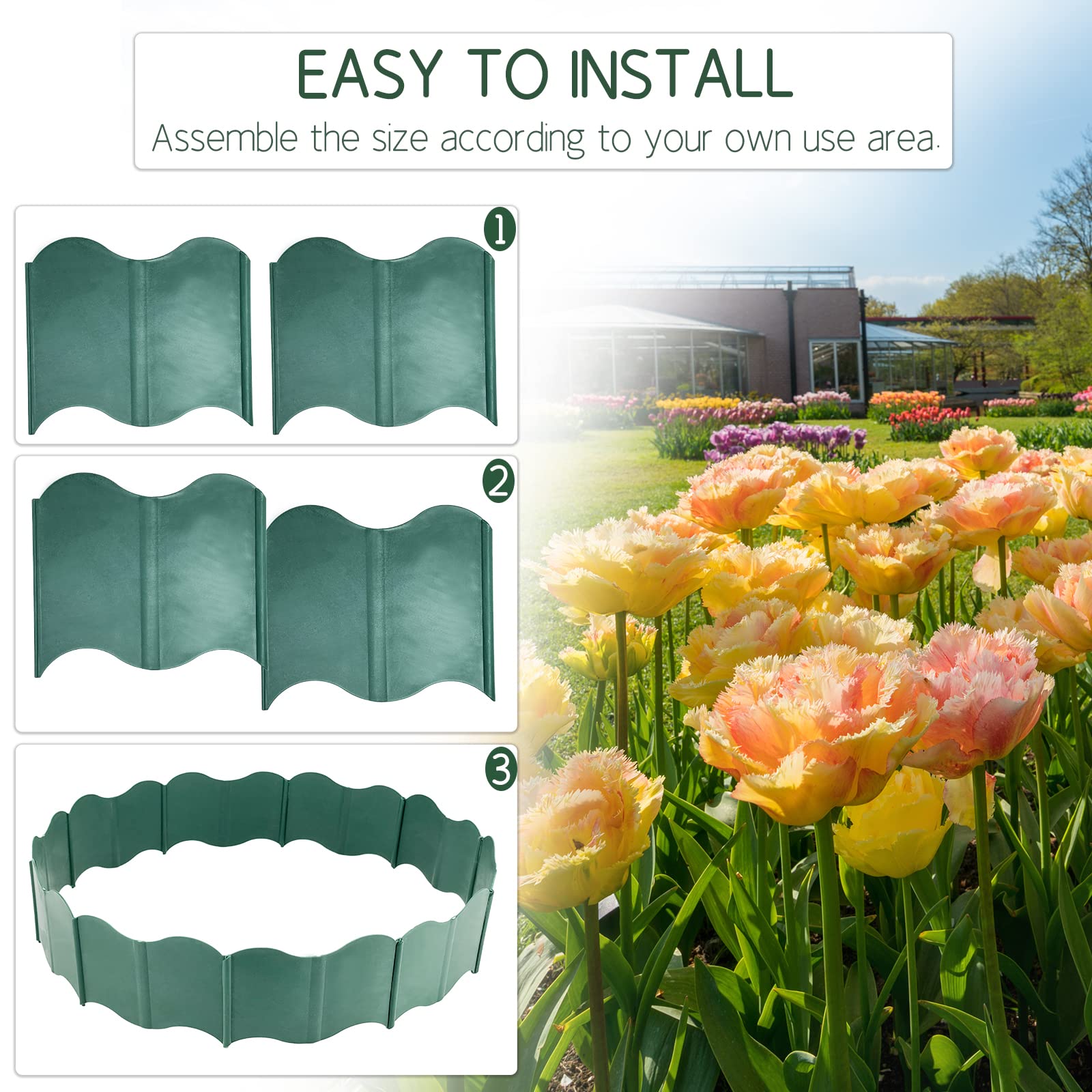Landscape Edging, Garden Edging Border No Dig, DIY Decorative Flower Grass Bed Border, Plastic Fence for Landscape Border, for Garden/Lawn/Walkway and Landscape Edging - 20pcs (Wave-GN)