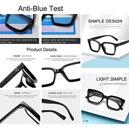 NIDOVIX Reading Glasses for Women Men, Blue Light Blocking Lens Fashion Square Frame Eyeglasses Magnifier 0.0 (Black)
