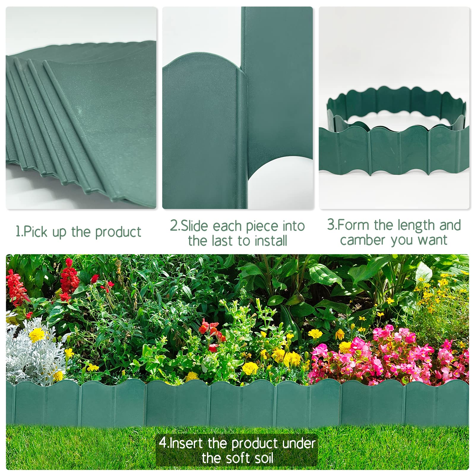 Landscape Edging, Garden Edging Border No Dig, DIY Decorative Flower Grass Bed Border, Plastic Fence for Landscape Border, for Garden/Lawn/Walkway and Landscape Edging - 20pcs (Wave-GN)