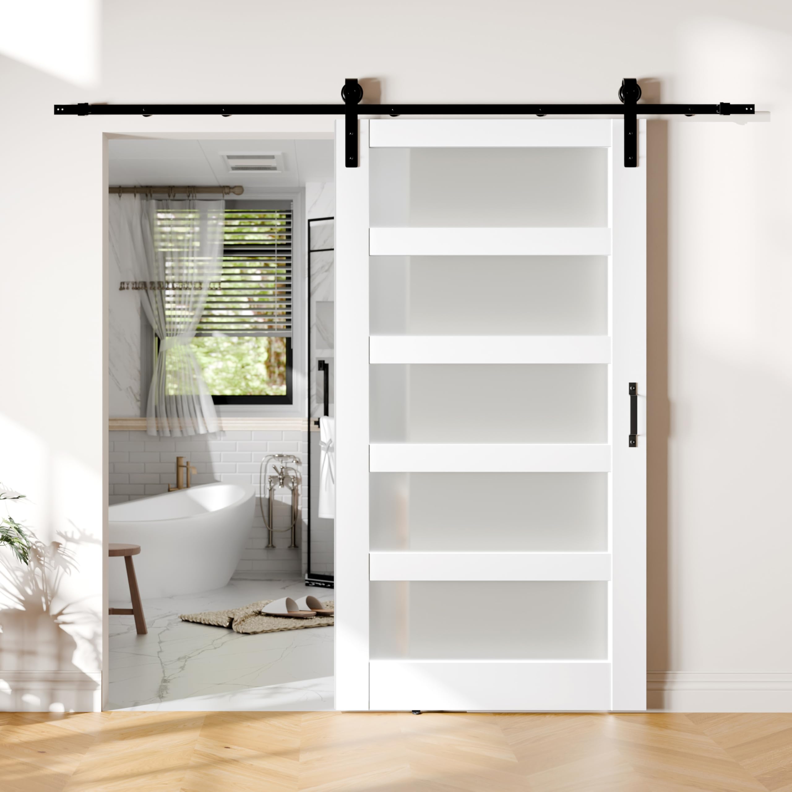 ARKHJEM Frosted 5 Panel Glass Sliding Barn Door 42''×84'' Barn Door, Hardware Kit Included, Assembly Needed, Water-Proof PVC Surface,Easy Installation for Living Room,White