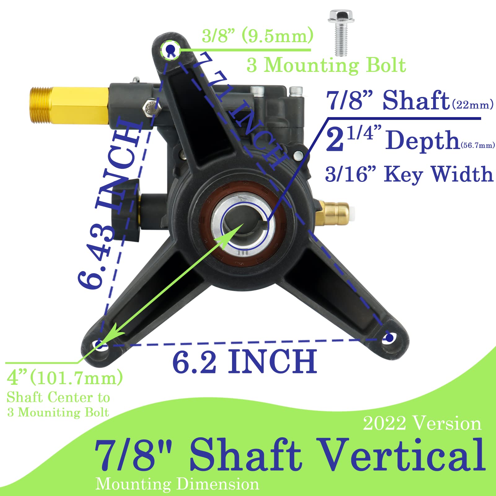 Hurotoms 7/8" Shaft Vertical Anodized Pressure Washer Pump-3300 PSI @ 2.5 GPM-Universal Pump for Most Brands of Gas Engine Power Washer Machine