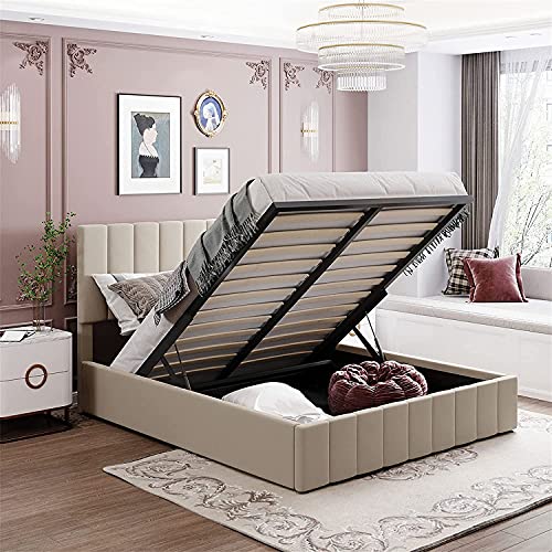 ATH-S Upholstered Full beds Gas Lift Up Storage Platform Bed Frame with Tufted Headboard Wooden Slat Support and Under Bed Storage for Kids Teens Adults, Beige (Color : Beige Queen Bed)