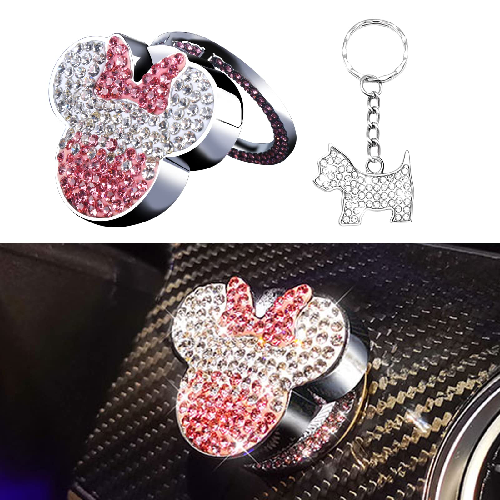 Pangpai Car Cute Push to Start Button Cover Accessories, Bling Crystal Car Engine Start Stop Button Cover, Pink Car Decoration Interior Sticker for Women Girl