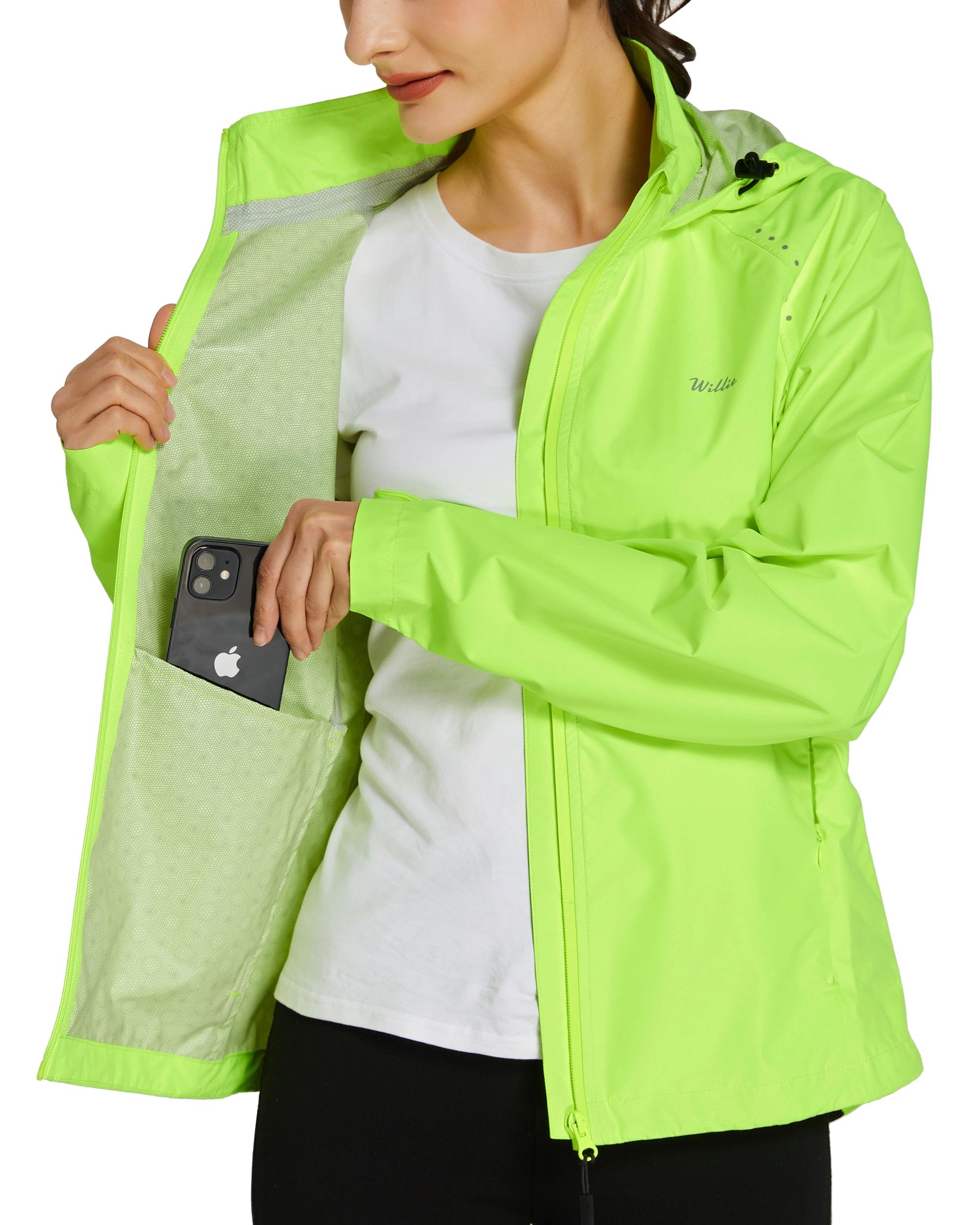 Willit Women's Cycling Running Jackets Rain Windproof Jackets Lightweight Windbreaker Bike Hiking Jacket Packable Hooded Fluorescent Yellow L