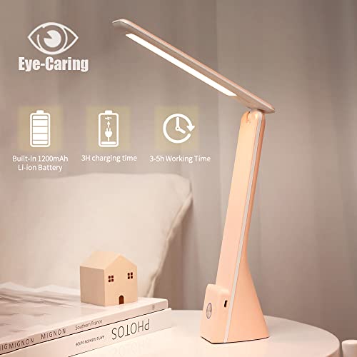 CometMars LED Desk Lamp (Pink), Cordless Lamp with 3 Lighting Modes, Rechargeable Reading Lamp with Adjustable Arm & USB Charge Port, Foldable Eye Caring Table Light for Home Office Study