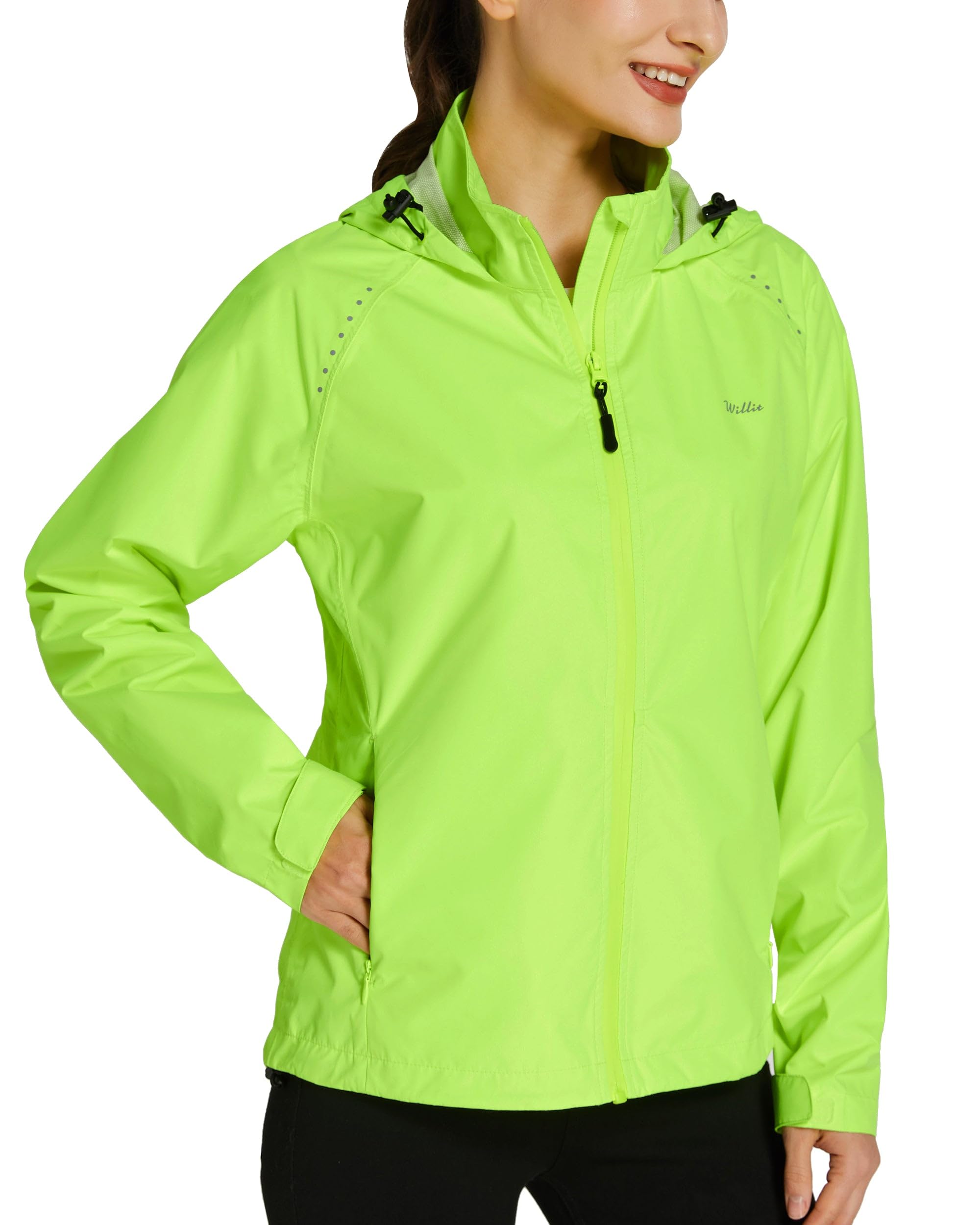 Willit Women's Cycling Running Jackets Rain Windproof Jackets Lightweight Windbreaker Bike Hiking Jacket Packable Hooded Fluorescent Yellow L