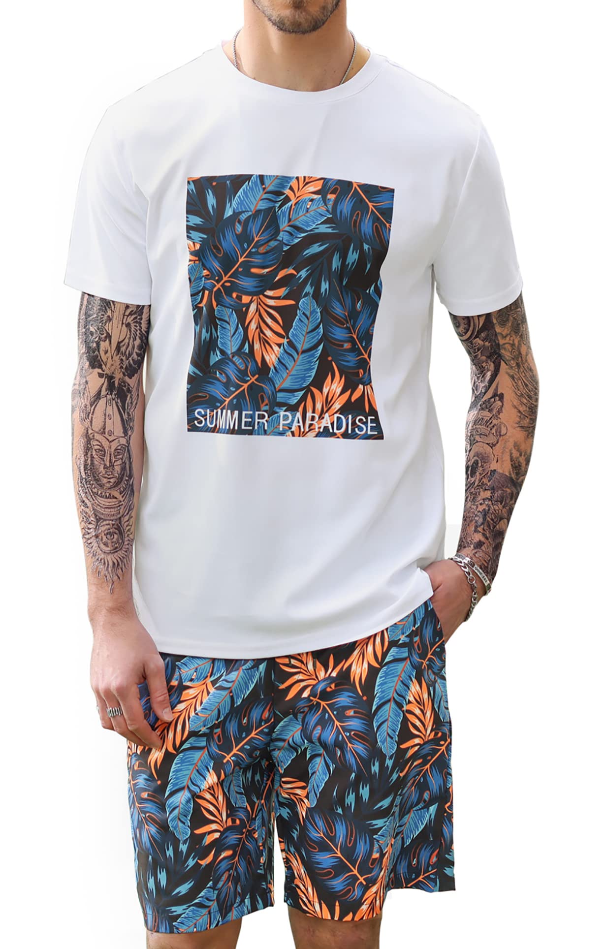 PJ PAUL JONES Men's Fashion Hawaiian Shirt and Short Sets 2 Piece Outfits Short Sleeve Floral Print Beach Set Blue L