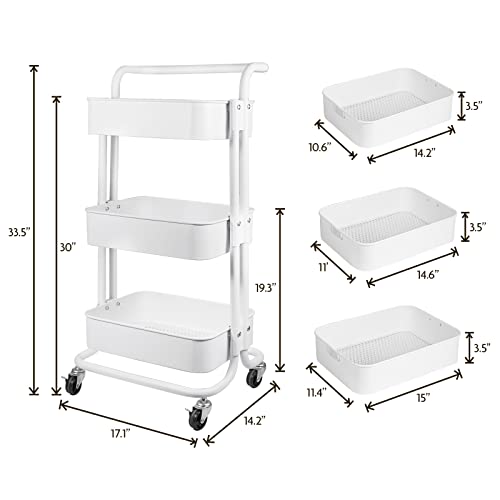 elabo 3-Tier Metal Rolling Utility Cart with 2 Lockable Wheels Storage Organizer Shelf for Kitchen, Bedroom, Bathroom, Office, Living Room