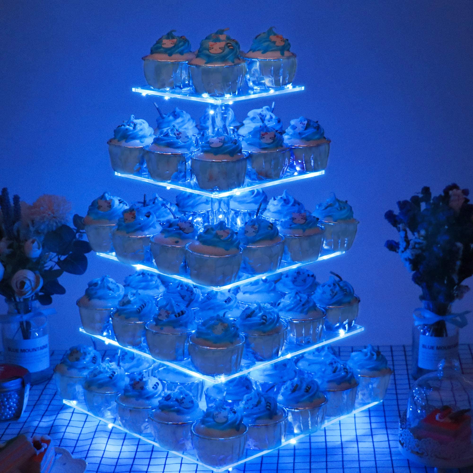 YestBuy 3 Tier Shelf Cake Pop Stand (Blue) + 5 TierPremium Cupcake Holder, Acrylic Cupcake Tower Display, Cady Bar Party Décor, Acrylic Display for Pastry Weddings, Birthday (Blue)