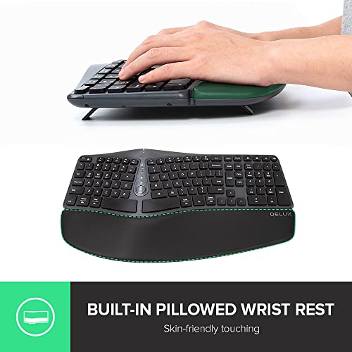 DeLUX Wireless Ergonomic Keyboard with Cushioned Palm Rest Against Carpal Tunnel, Ergo Split, Multi-Device Connection, Compatible with Windows, Mac OS (GM901D-Black)