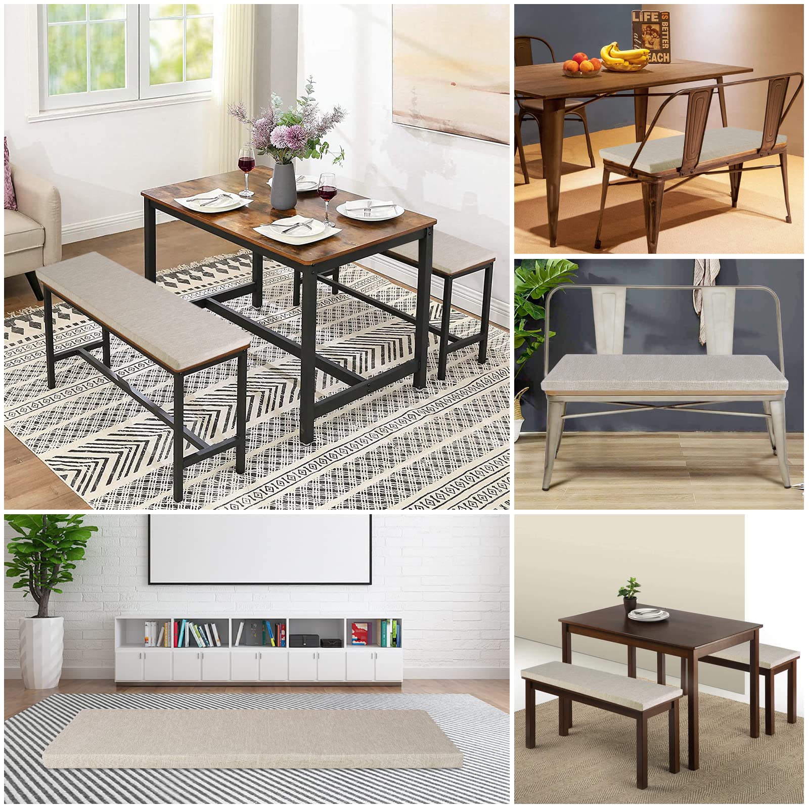 baibu 40 Inch Metal Bench Cushion with Ties, Non-Slip Rectangle Bench Seat Cushion Kitchen Bench Cushion with Machine Washable Cover - One Pad Only (Beige, 40x15x1.5in)
