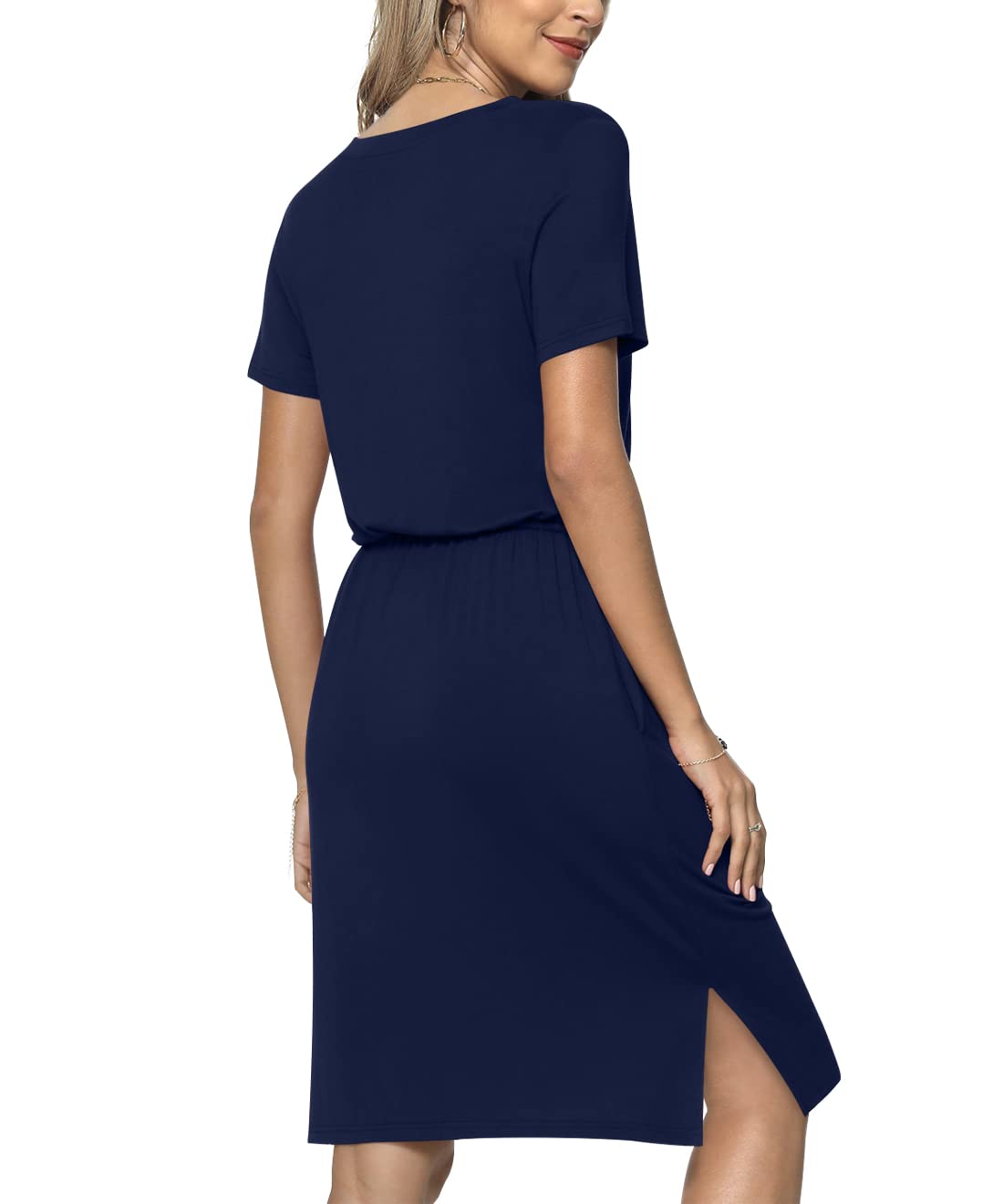 Anydoll Women's Casual Tshirt Dress Summer Work Knee Length Dresses with Pocket Navy Blue X-Large
