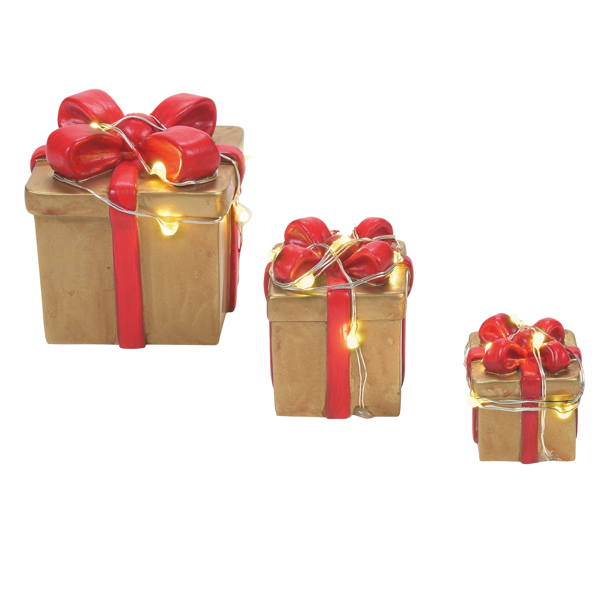 Department 56 Accessories for Village Collections Golden Christmas Festive Gift Boxes Lit Animated Figurine, 2.25 Inch, Gold and Red