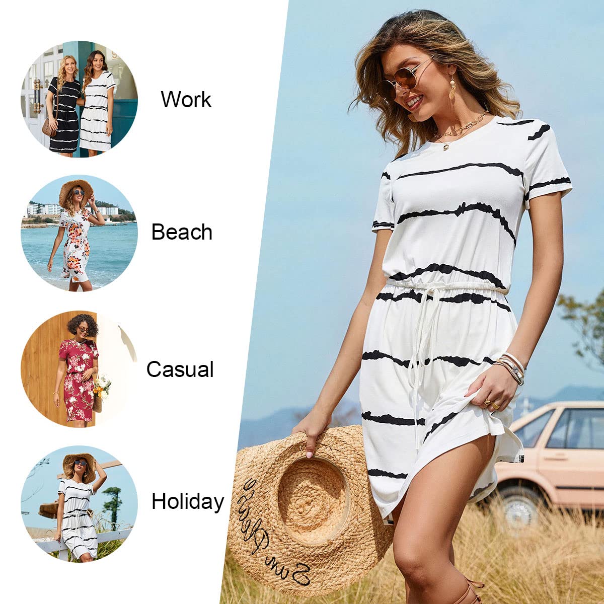 Anydoll Women's Casual Tshirt Dress Summer Work Knee Length Dresses with Pocket Navy Blue X-Large