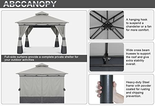 ABCCANOPY 10'x10' Outdoor Gazebo, Double Roof Patio Gazebo with Shade Curtains, Light Gray