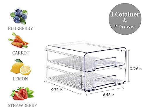 YouLike 1pack Stackable Fridge Drawers Pull Out Bins for Refrigerator Organizer Clear Food Storage Container Set With Drain for Pantry Kitchen Cabinet Office Organization