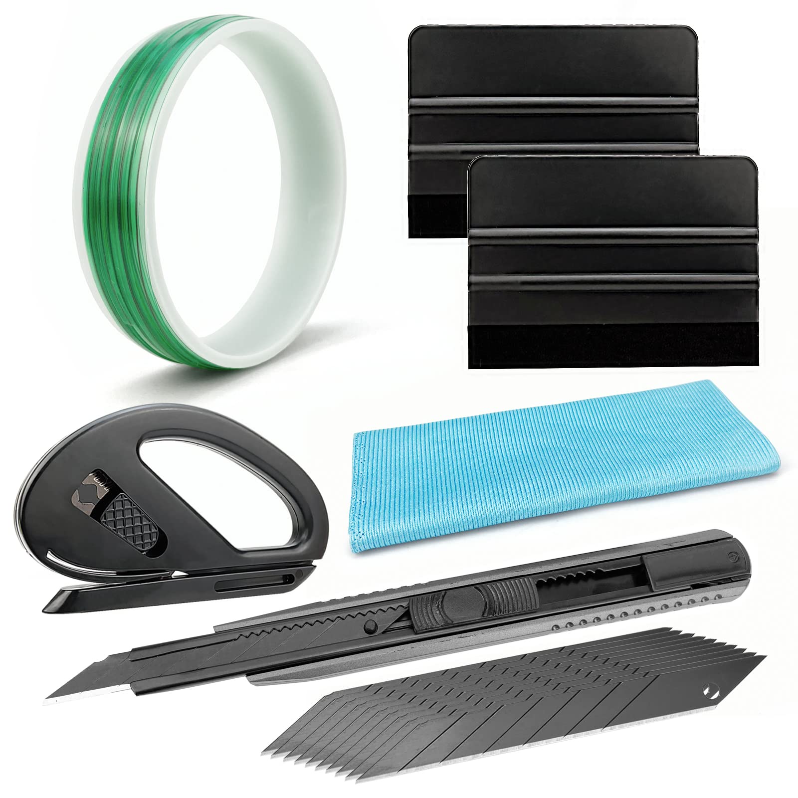 Umaki Car Graphics Vinyl Install Tools Kit with 5M Vinyl Wrap Cutting Tape, Cutter Knife, Vinyl Squeegee and Cleaning Cloth, for Safely Design Graphics Decals Line, 7 Piece