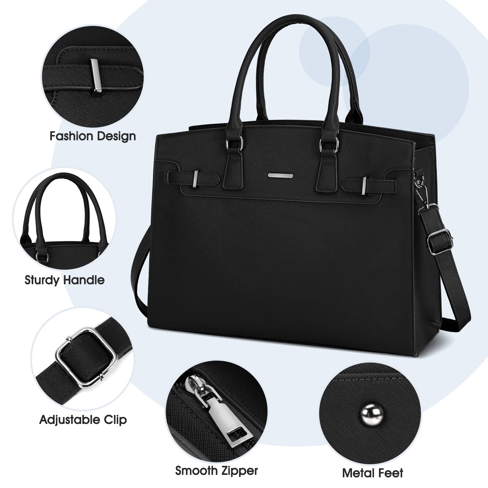 Laptop Bag for Women 15.6 Inch Waterproof Leather Lightweight Business Office Work Bag Large Capacity Professional Briefcase Computer Tote Fashion Handbag Shoulder Bag Black